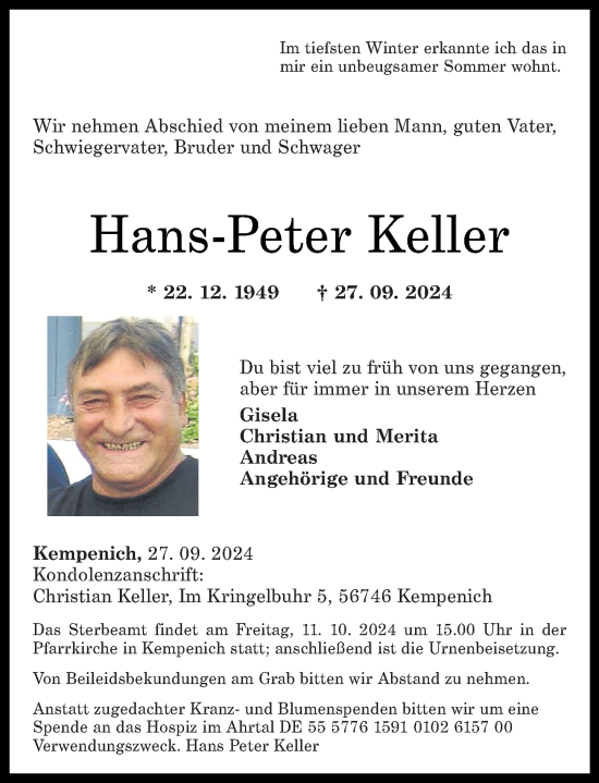 Traueranzeigen von Hans-Peter Keller | rz-trauer.de
