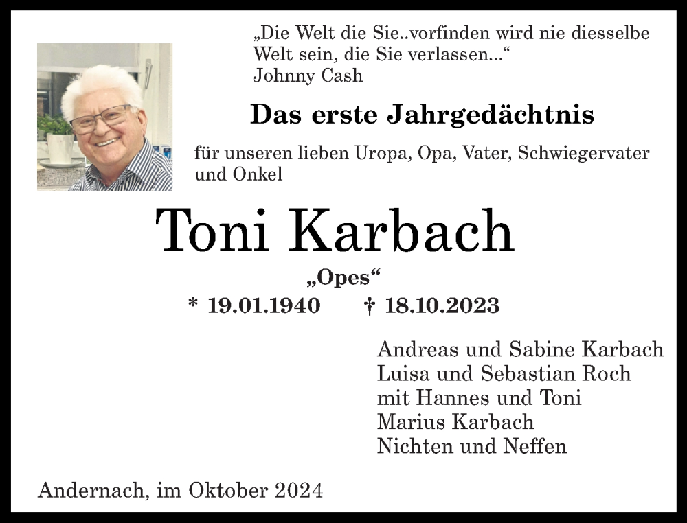 Traueranzeigen von Toni Karbach | rz-trauer.de