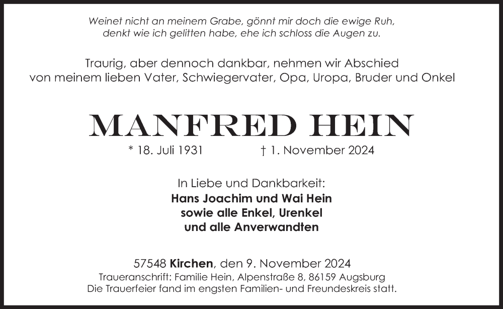 Traueranzeigen von Manfred Hein | rz-trauer.de