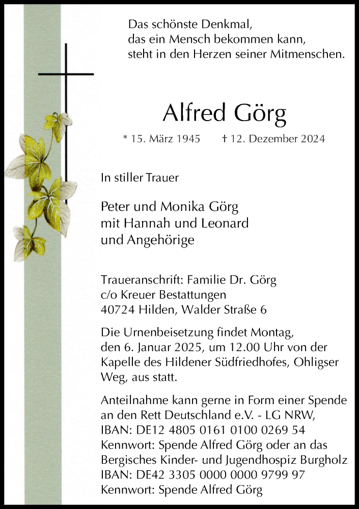 Traueranzeigen von Alfred Görg | rz-trauer.de