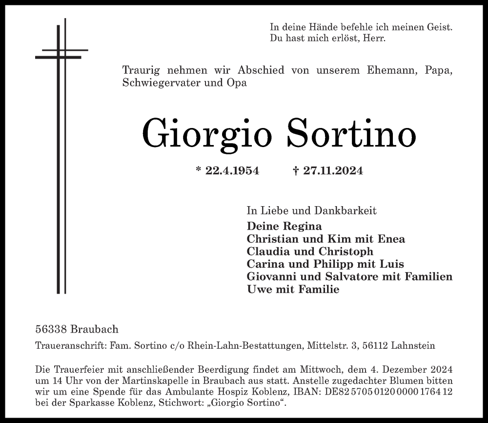 Traueranzeigen von Giorgio Sortino | rz-trauer.de