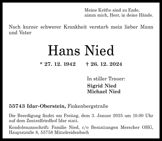 Traueranzeigen von Hans Nied | rz-trauer.de