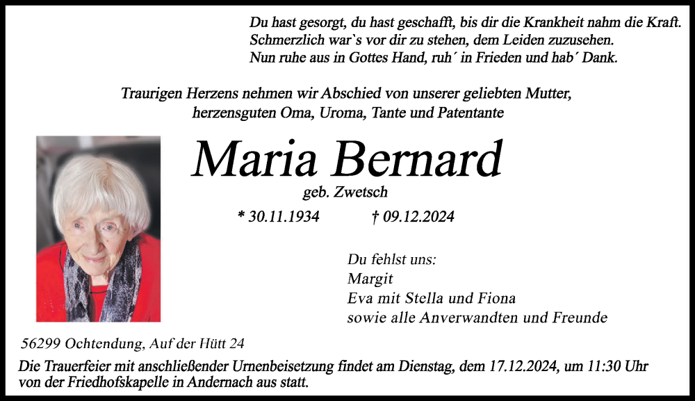Traueranzeigen von Maria Bernard | rz-trauer.de