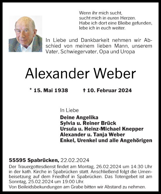 Traueranzeigen von Alexander Weber | rz-trauer.de