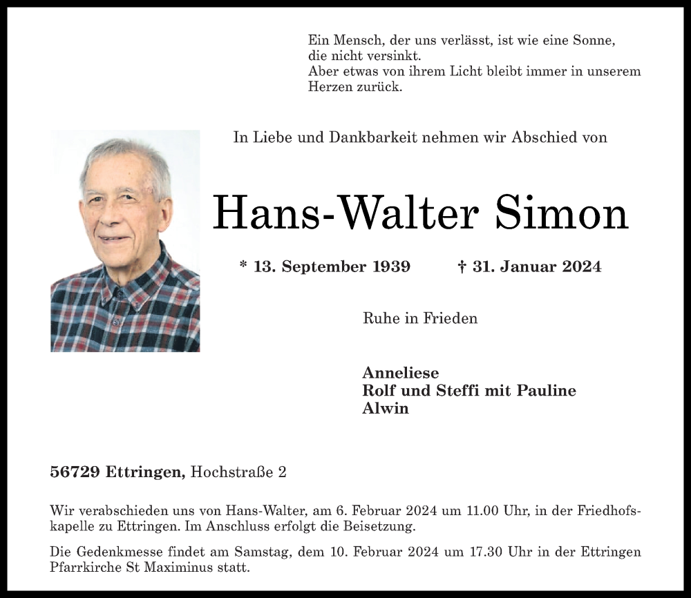 Traueranzeigen von Hans-Walter Simon | rz-trauer.de