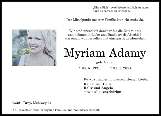 Traueranzeigen von Myriam Adamy | rz-trauer.de