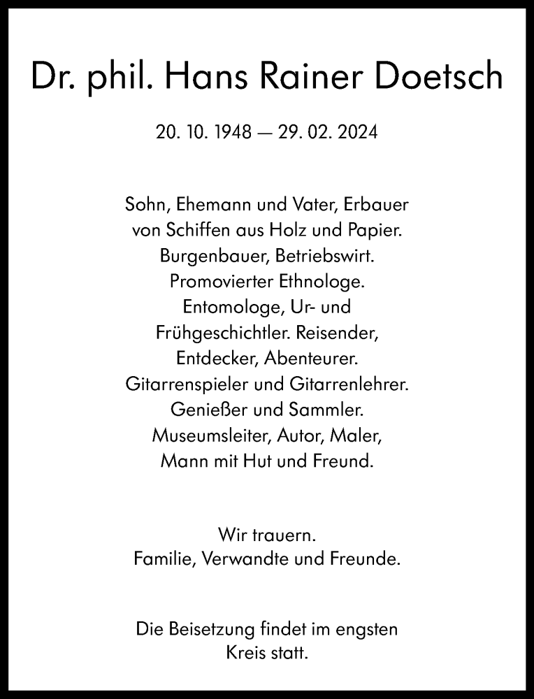 Traueranzeigen von Hans Rainer Doetsch | rz-trauer.de