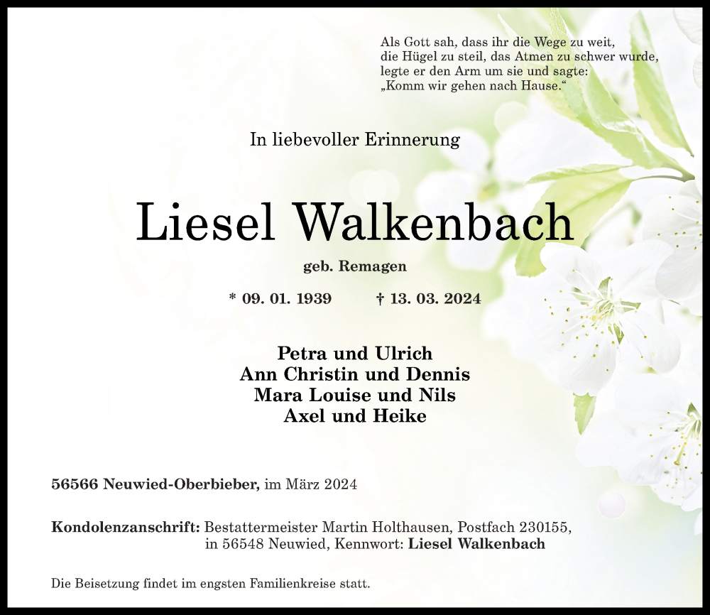 Traueranzeigen von Liesel Walkenbach | rz-trauer.de