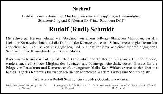 Traueranzeigen von Rudolf Schmidt | rz-trauer.de
