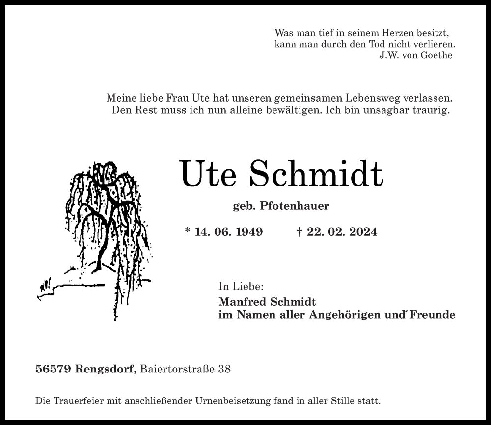 Traueranzeigen von Ute Schmidt | rz-trauer.de