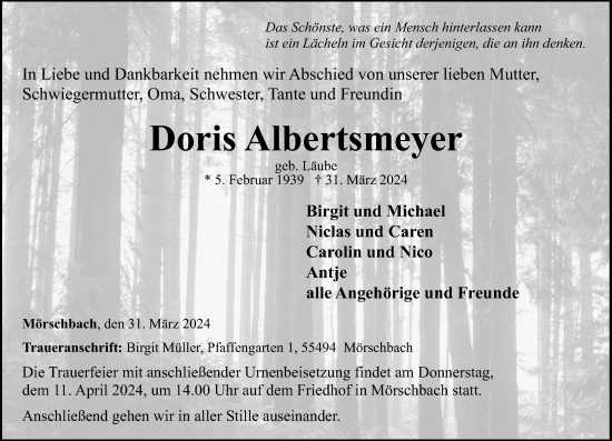 Traueranzeigen von Doris Albertsmeyer | rz-trauer.de