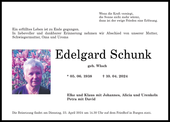 Traueranzeigen von Edelgard Schunk | rz-trauer.de