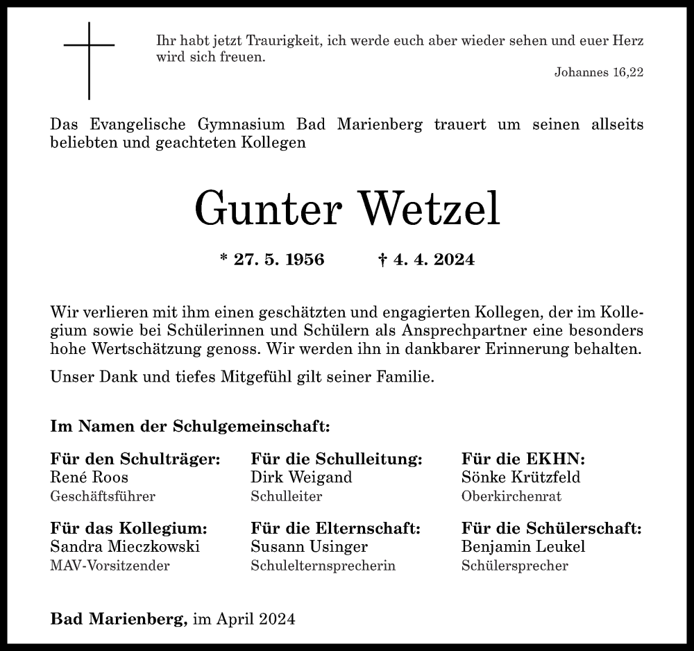 Traueranzeigen von Gunter Wetzel | rz-trauer.de