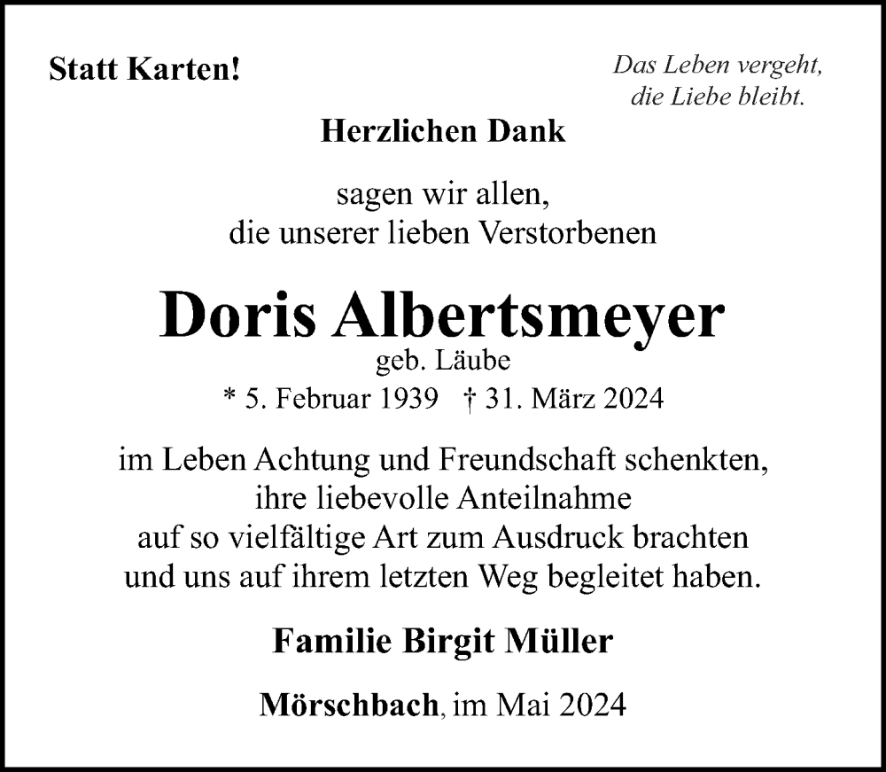 Traueranzeigen von Doris Albertsmeyer | rz-trauer.de