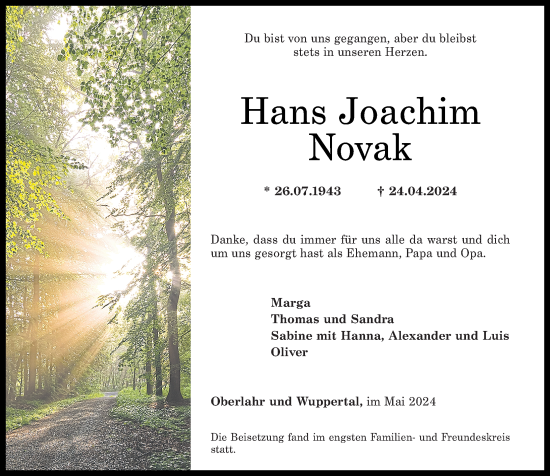 Traueranzeigen von Hans Joachim Novak | rz-trauer.de