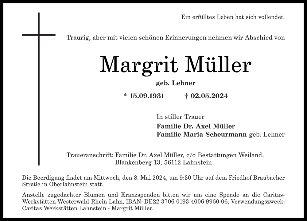 Traueranzeigen von Margrit Müller | rz-trauer.de