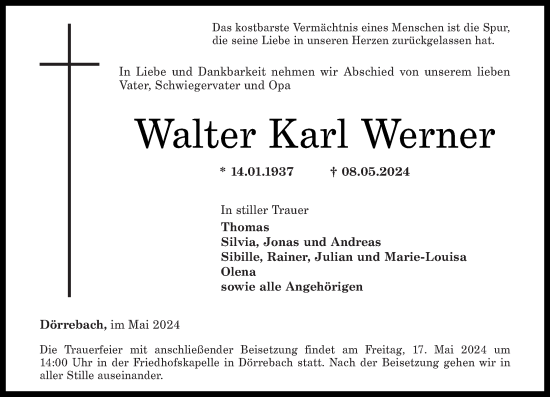 Traueranzeigen von Walter Karl Werner | rz-trauer.de