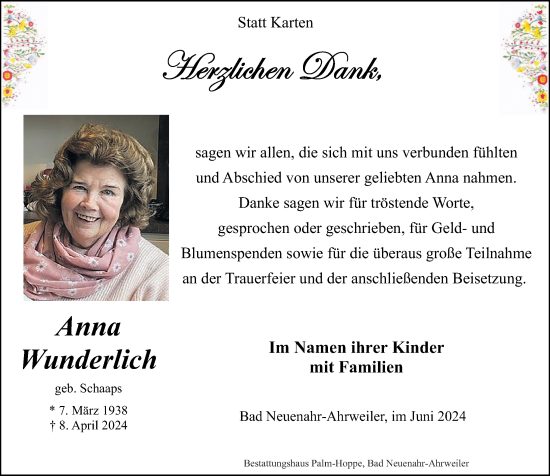 Traueranzeigen von Anna Wunderlich | rz-trauer.de
