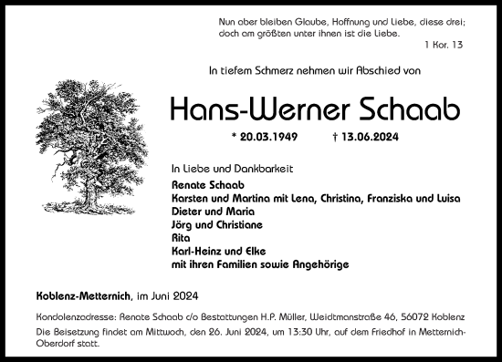 Traueranzeigen von Hans-Werner Schaab | rz-trauer.de