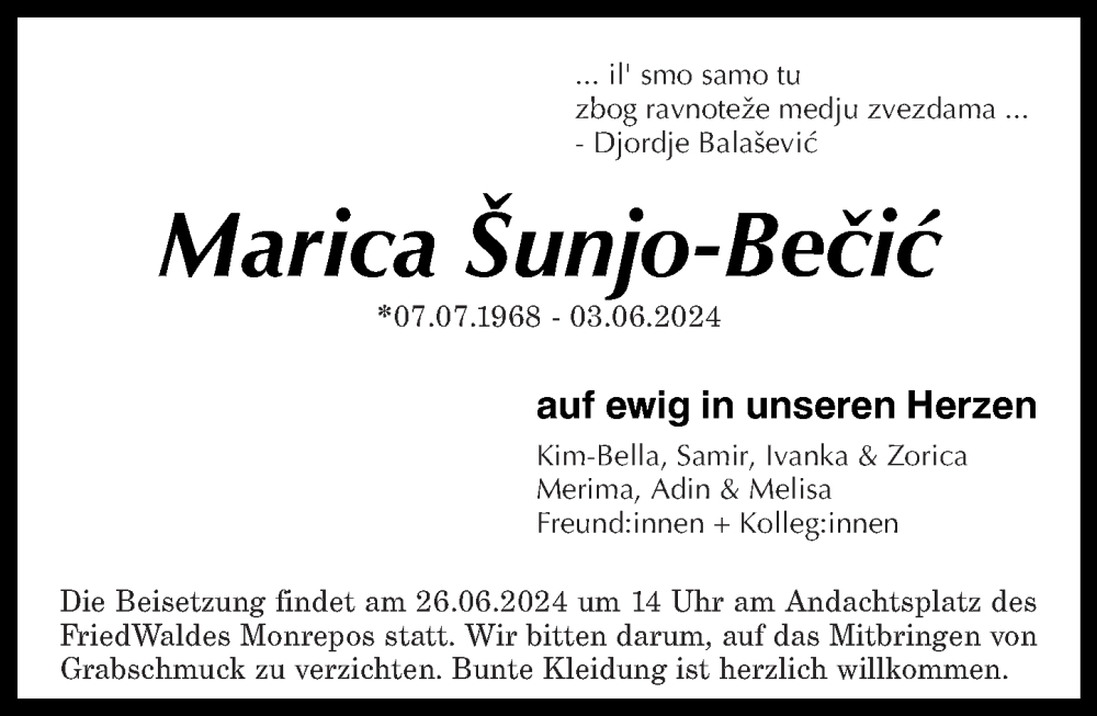 Traueranzeigen von Marica Sunjo-Becic | rz-trauer.de