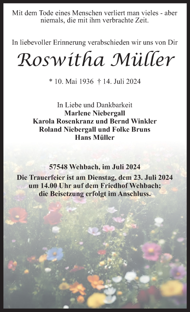 Traueranzeigen von Roswitha Müller | rz-trauer.de