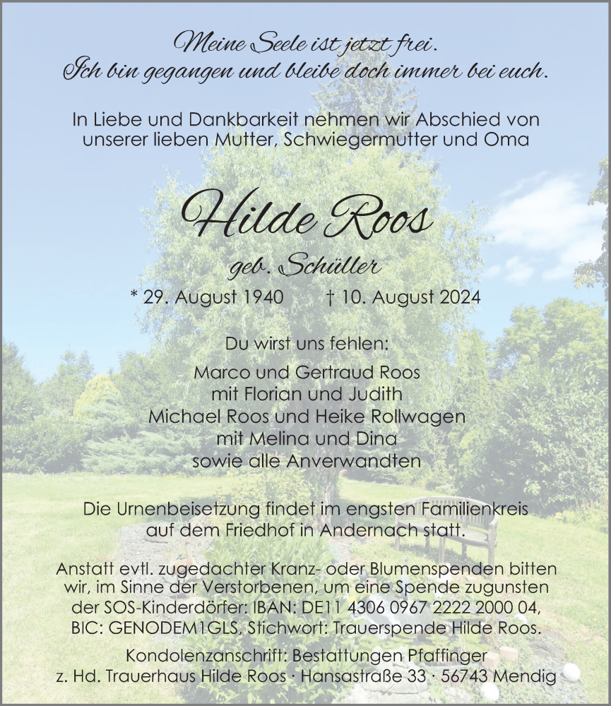 Traueranzeigen von Hilde Roos | rz-trauer.de