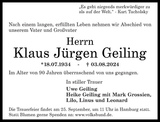 Traueranzeigen von Klaus Jürgen Geiling | rz-trauer.de