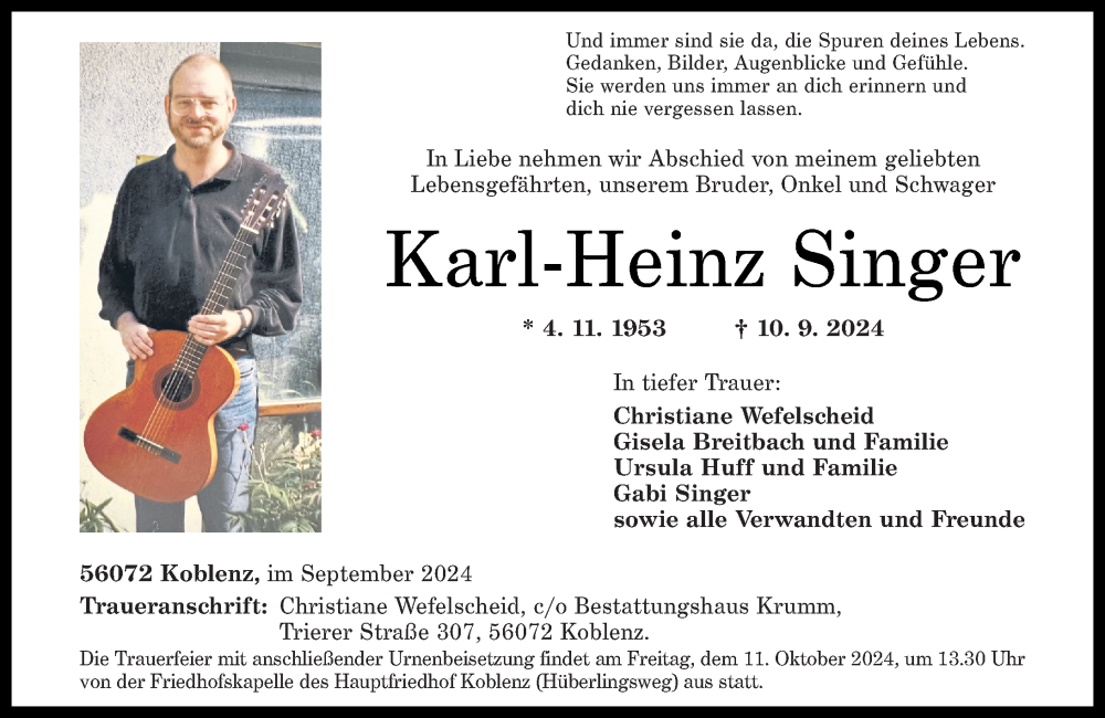 Traueranzeigen von Karl-Heinz Singer | rz-trauer.de
