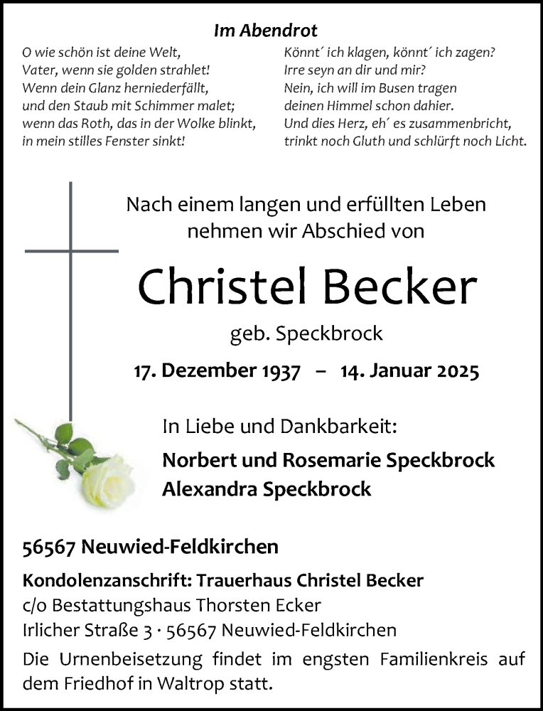 Traueranzeigen von Christel Becker | rz-trauer.de