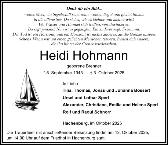 Traueranzeigen von Heidi Hohmann | rz-trauer.de