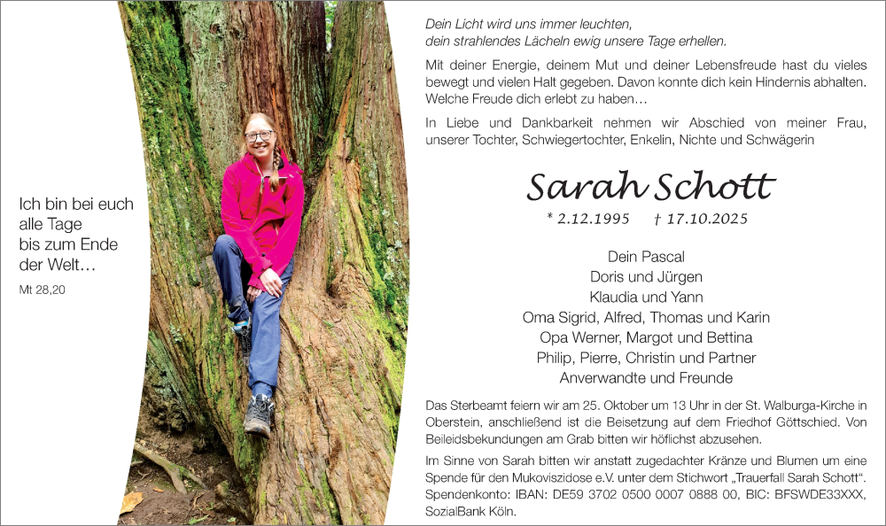 Traueranzeigen von Sarah Schott | rz-trauer.de