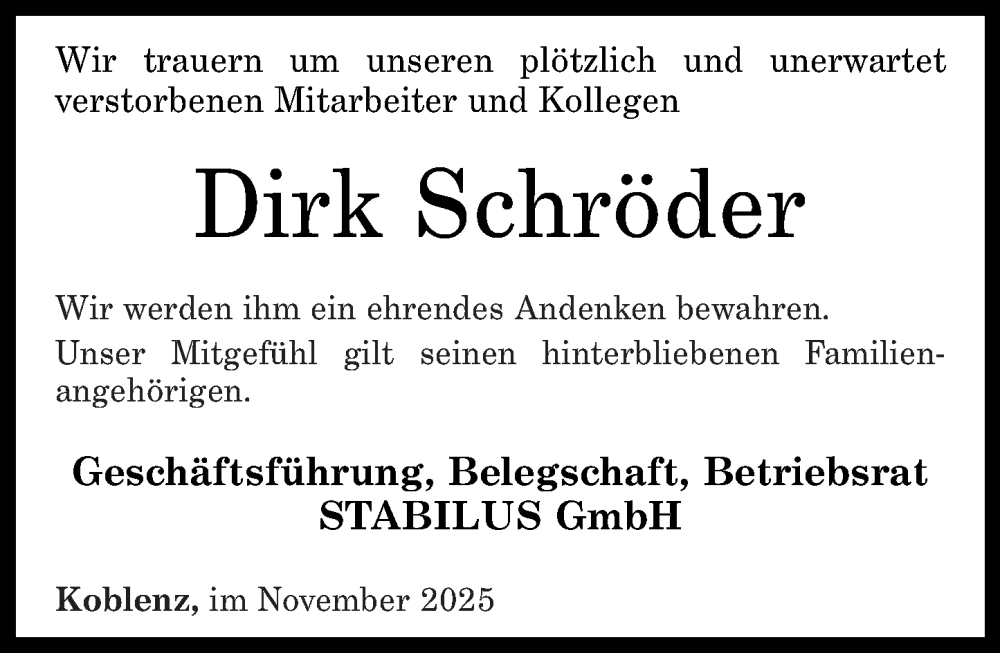 Traueranzeigen von Dirk Schröder | rz-trauer.de