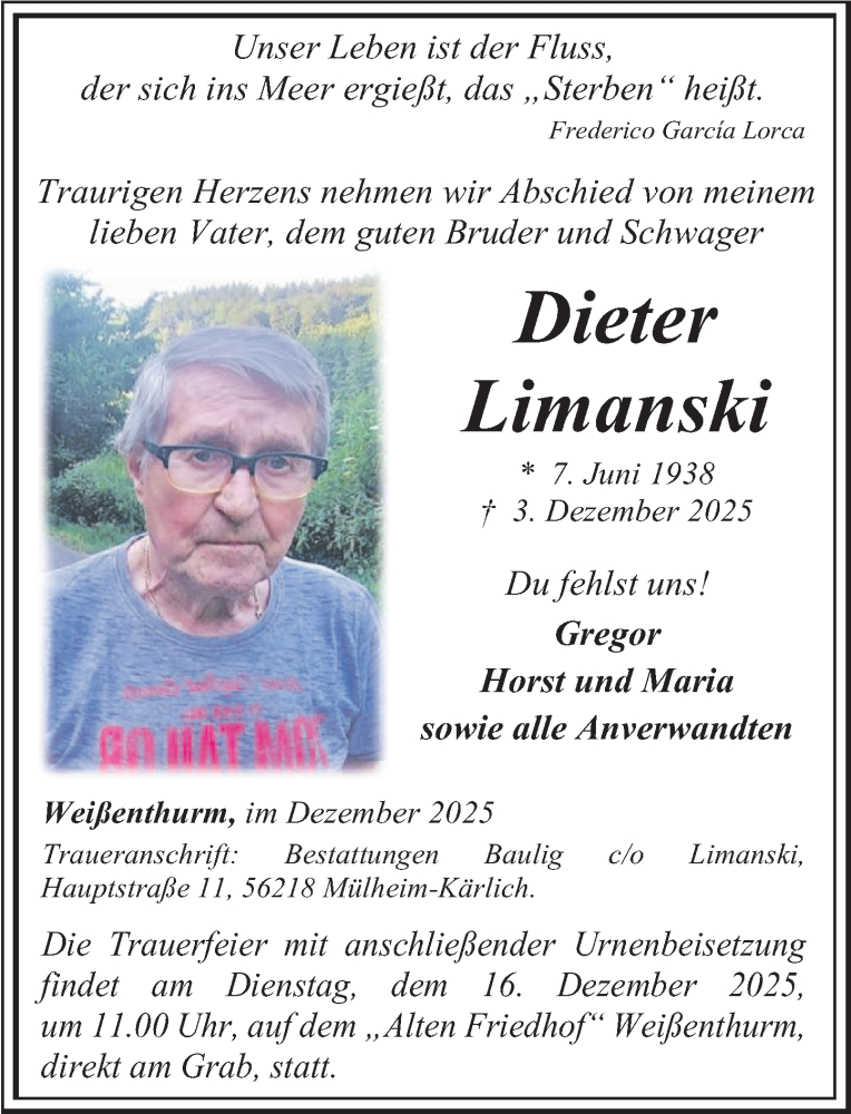 Traueranzeigen von Dieter Limanski | rz-trauer.de