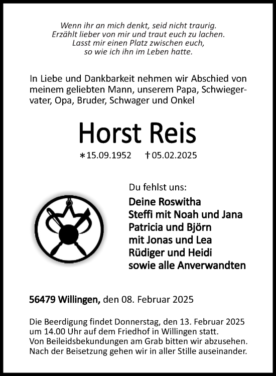 Traueranzeigen von Horst Reis | rz-trauer.de