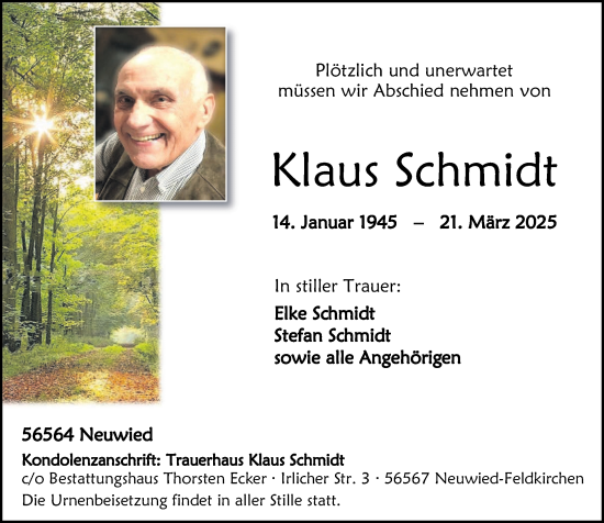 Traueranzeigen von Klaus Schmidt | rz-trauer.de