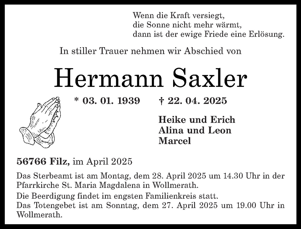 Traueranzeigen von Hermann Saxler | rz-trauer.de