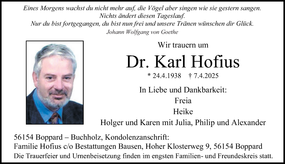 Traueranzeigen von Karl Hofius | rz-trauer.de