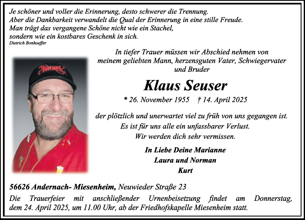 Traueranzeigen von Klaus Seuser | rz-trauer.de
