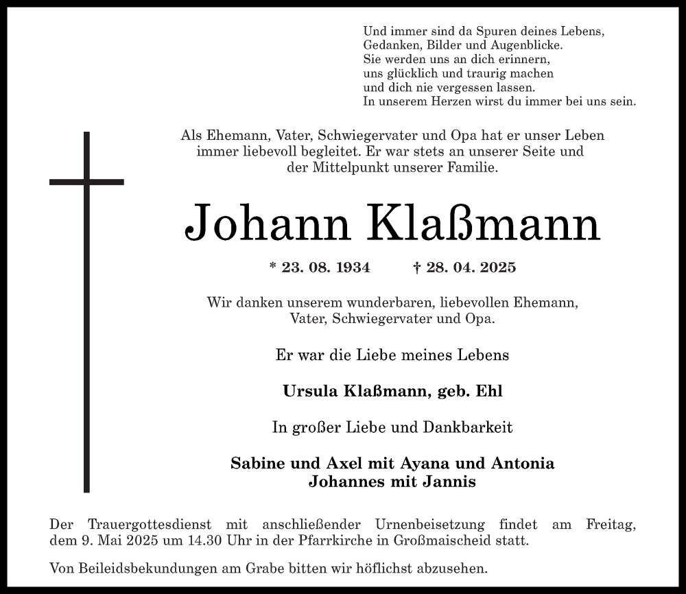Traueranzeigen von Johann Klaßmann | rz-trauer.de