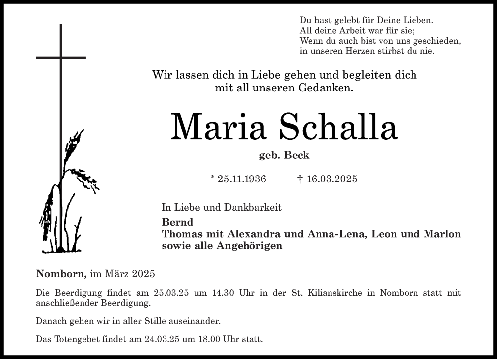 Traueranzeigen von Maria Schalla | rz-trauer.de