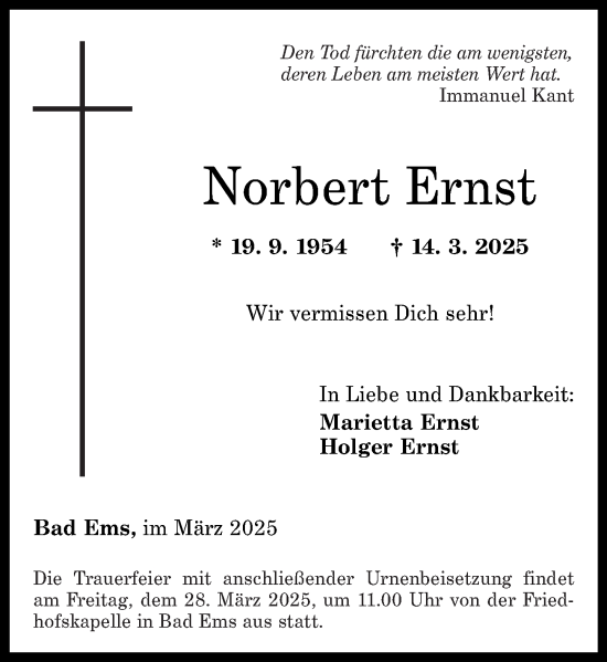 Traueranzeigen von Norbert Ernst | rz-trauer.de