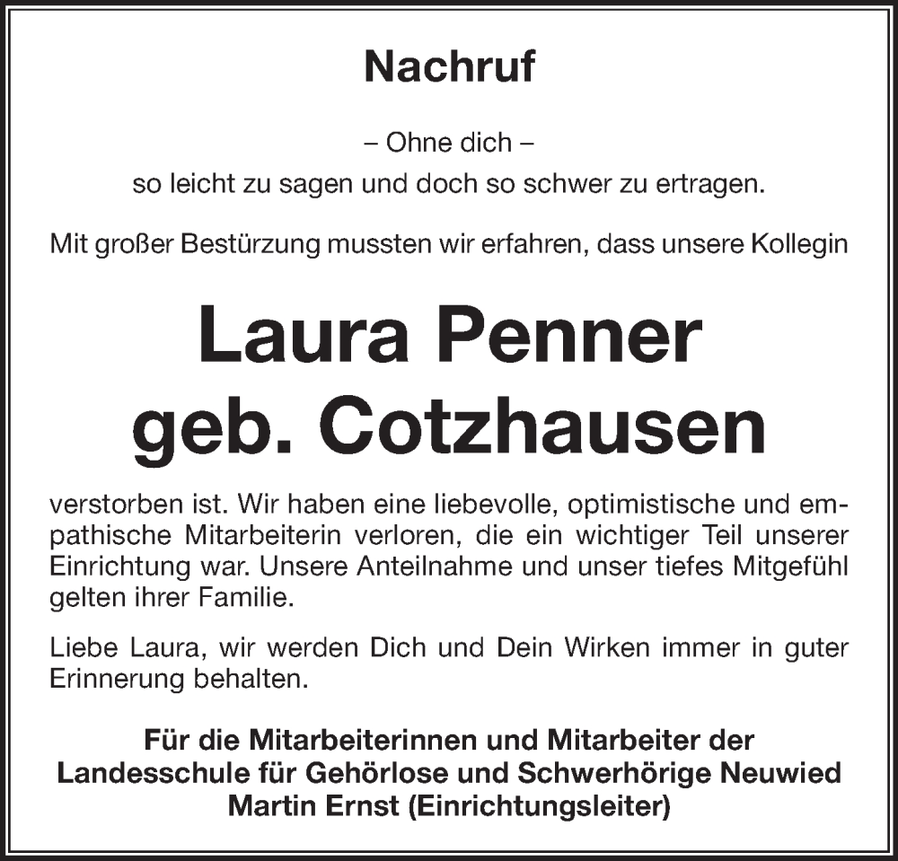 Traueranzeigen von Laura Penner | rz-trauer.de