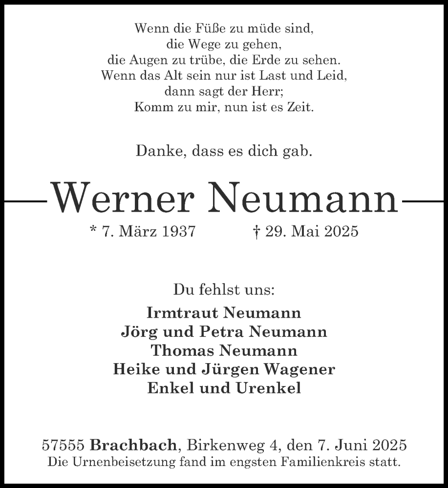 Traueranzeigen von Werner Neumann | rz-trauer.de