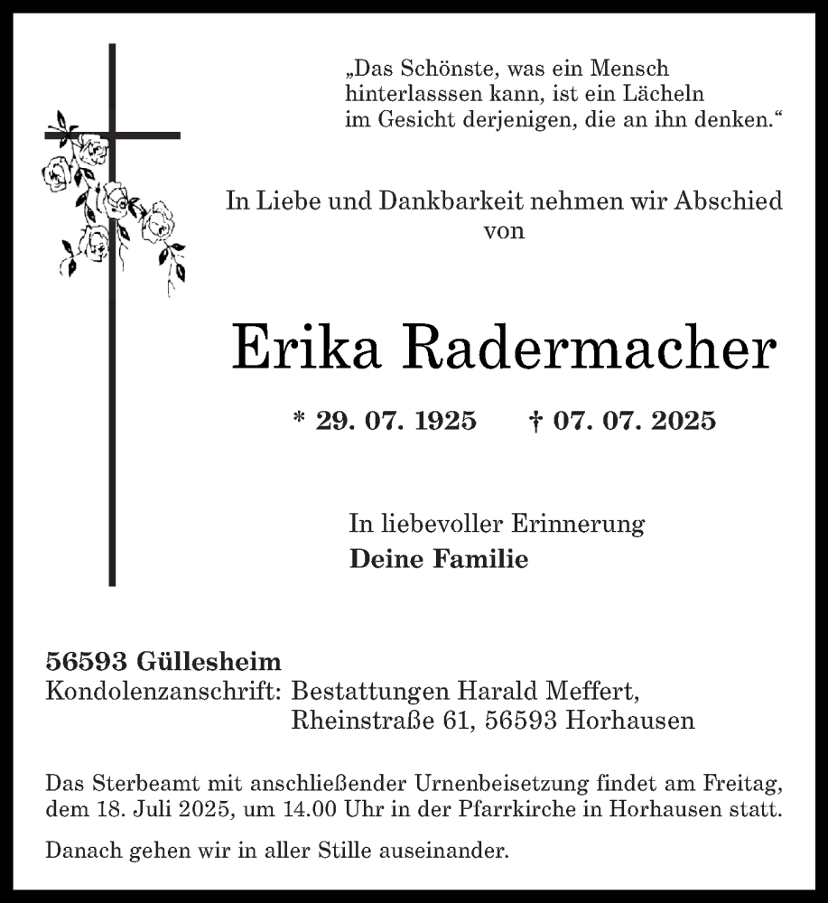 Traueranzeigen von Erika Radermacher | rz-trauer.de