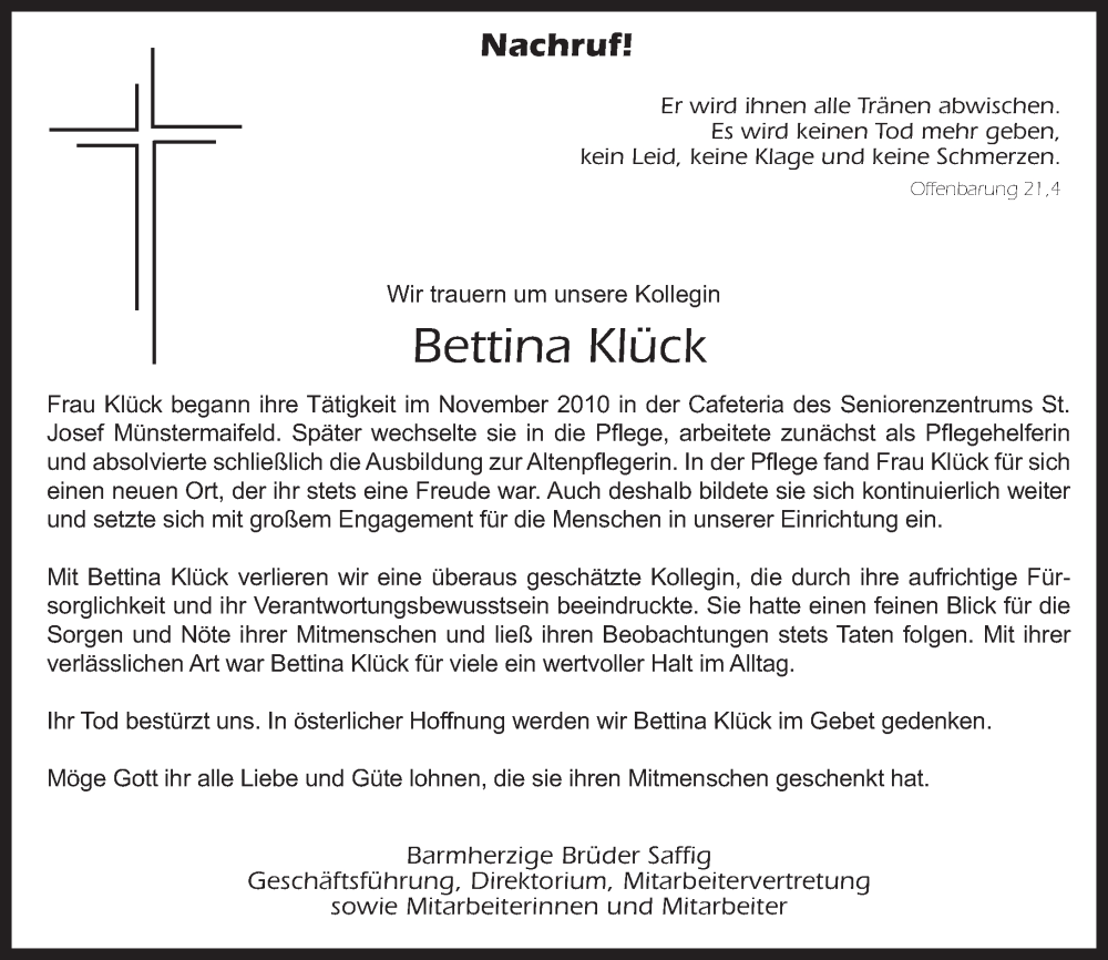Traueranzeigen von Bettina Klück | rz-trauer.de