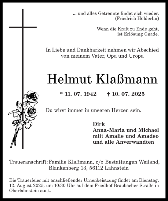 Traueranzeigen von Helmut Klaßmann | rz-trauer.de