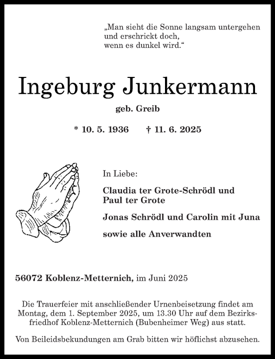 Traueranzeigen von Ingeburg Junkermann | rz-trauer.de