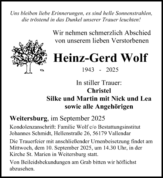 Traueranzeigen von Heinz-Gerd Wolf | rz-trauer.de