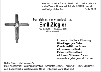 Traueranzeigen von Emil Ziegler | rz-trauer.de