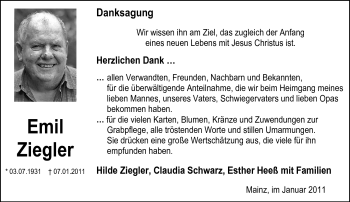 Traueranzeigen von Emil Ziegler | rz-trauer.de